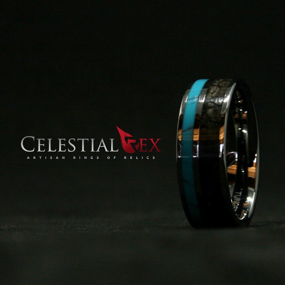 Turquoise Rex - 8mm Flat T-Rex Fossil & Turquoise Ring - Celestial Rex
